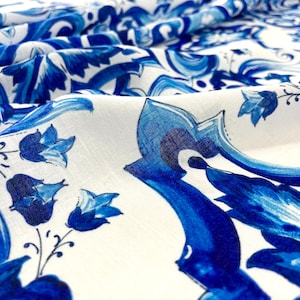Italian Design Linen Fabric: Blue Tile Print, Summer Clothing, Drapery ...