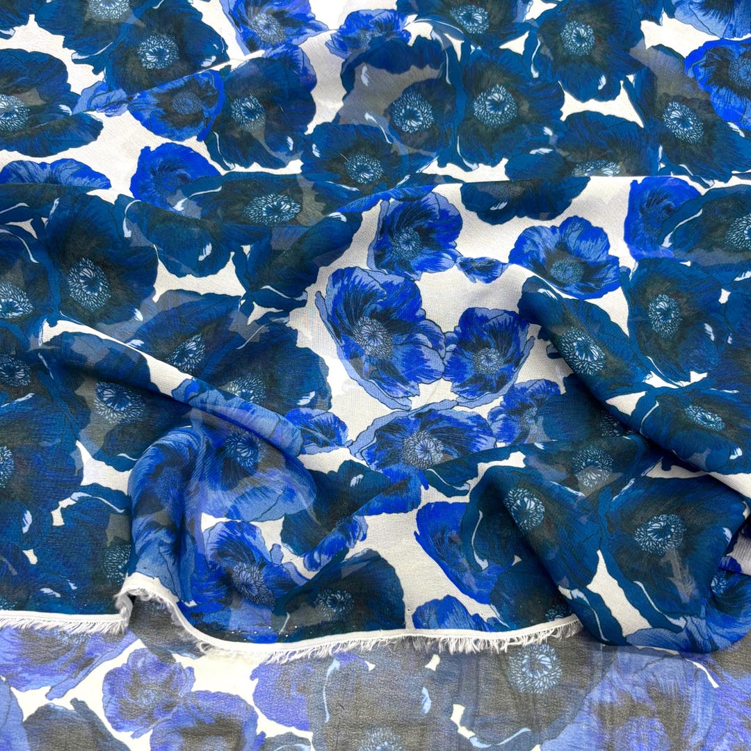 Italian Blue Floral Cotton Chiffon Fabric – Lightweight Silky Soft for ...