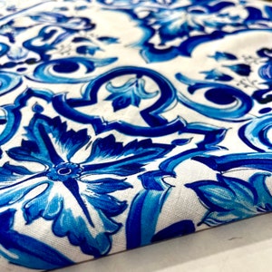Italian Design Linen Fabric: Blue Tile Print, Summer Clothing, Drapery ...