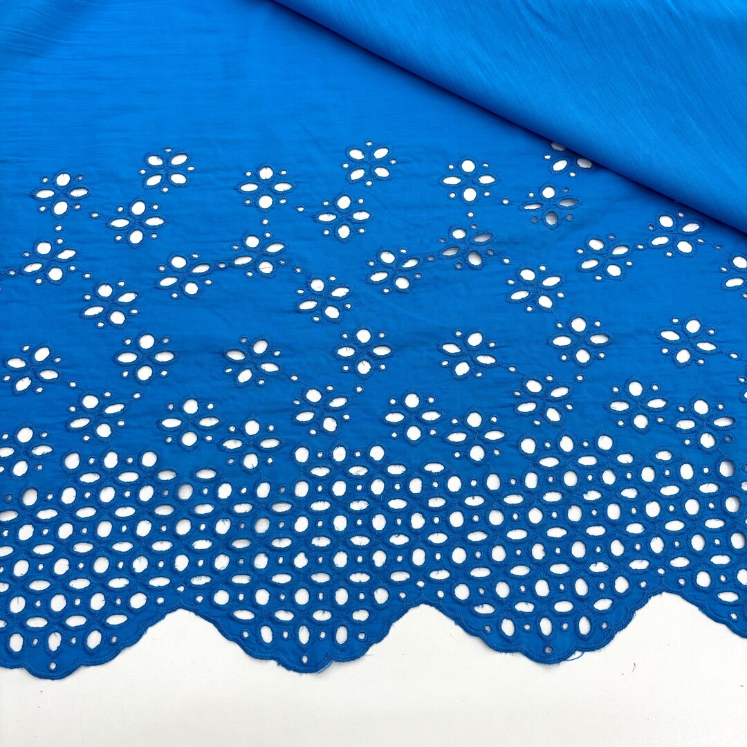 Blue Embroidered Eyelet Cotton Voile Fabric: Lightweight Dressmaking ...