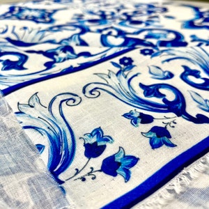 Italian Design Linen Fabric: Blue Tile Print, Summer Clothing, Drapery ...