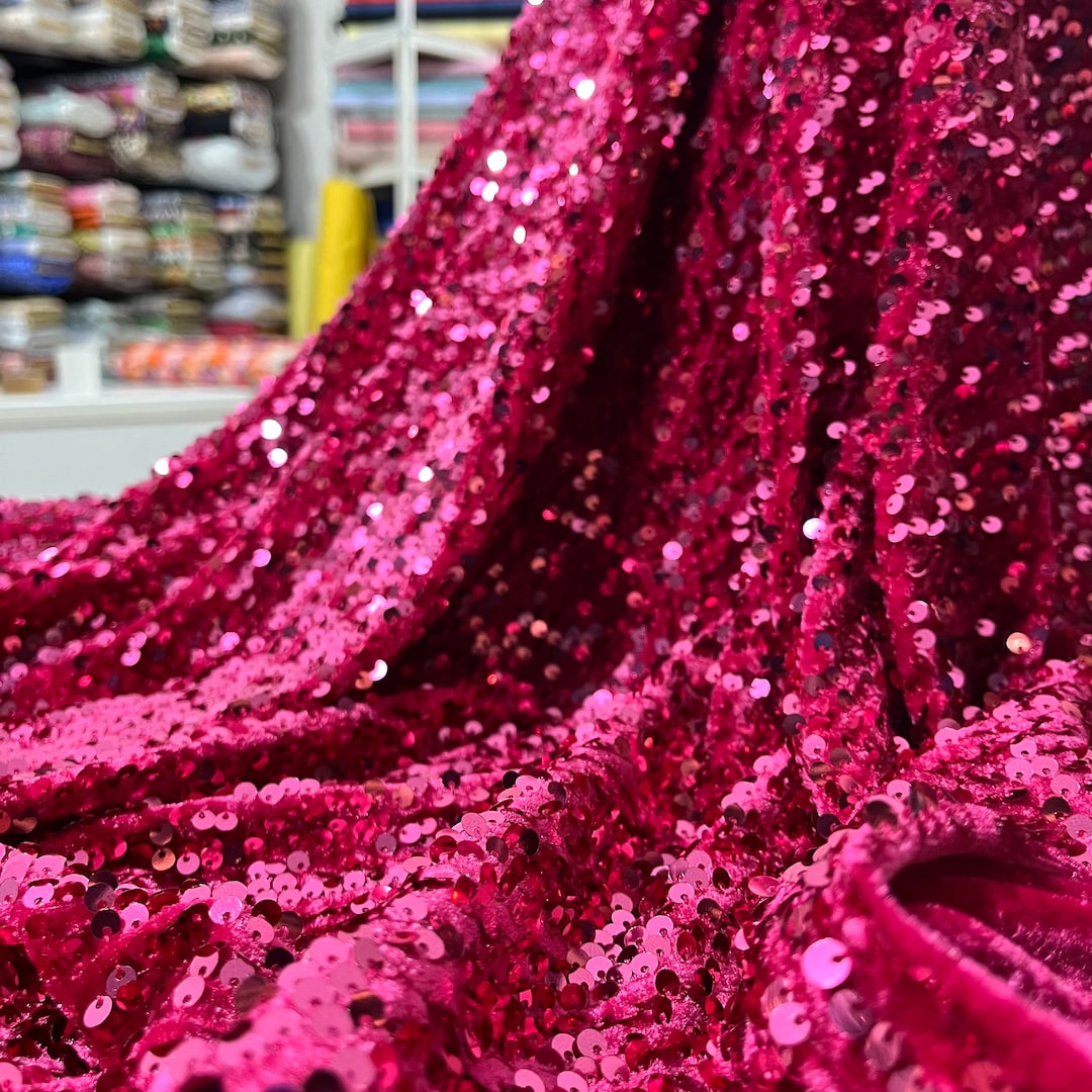 Fuchsia Stretch Sequin Fabric on a Velvet Base for Clothing, 140cm/55in ...