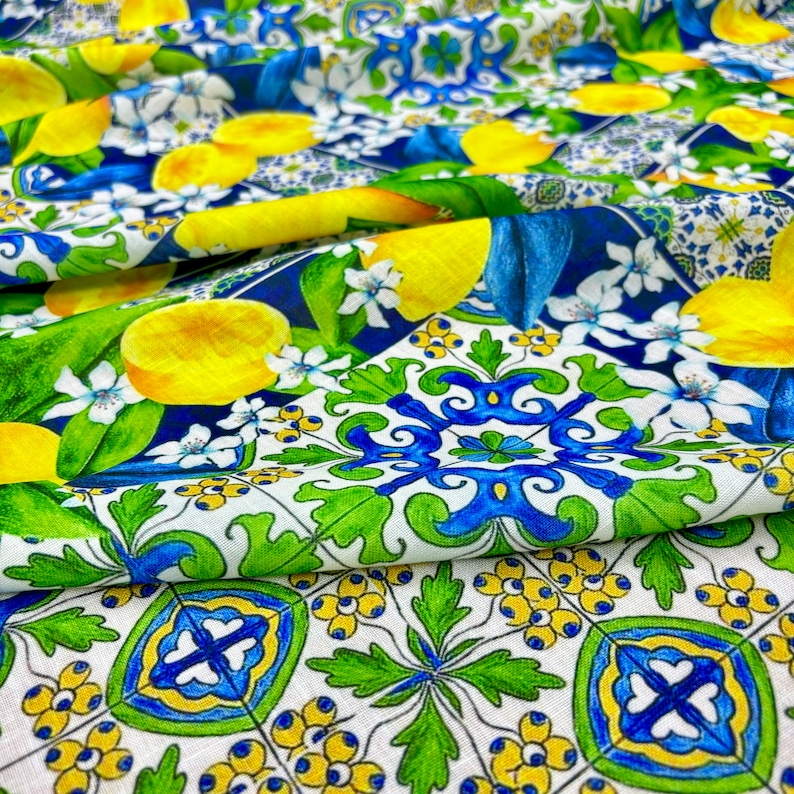 Italian Blue Lemon Pattern Printed Linen for Dresses and Shirts (150cm ...