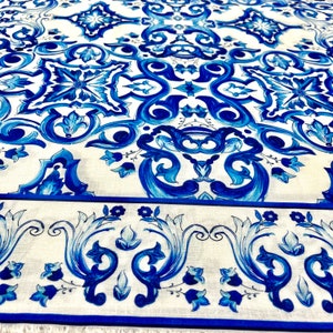 Italian Design Linen Fabric: Blue Tile Print, Summer Clothing, Drapery ...