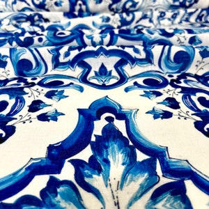 Italian Design Linen Fabric: Blue Tile Print, Summer Clothing, Drapery ...