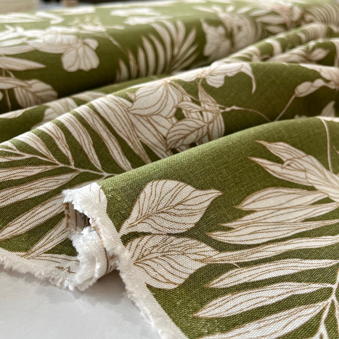 Leaf Patterned Linen Fabric Green, width 59 Inch Fashion Fabric ...