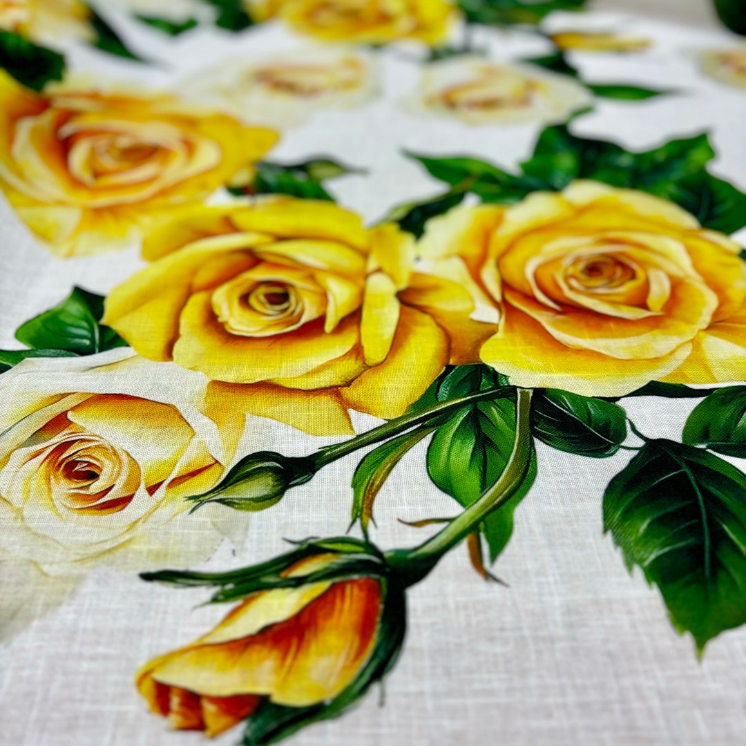 Italian Design Linen Fabric: Yellow Rose Pattern, Dressmaking Material ...