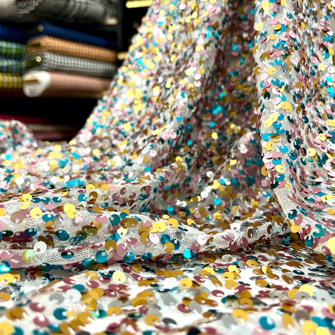Colored Sequin Fabric on Stretch Tulle, Fabric for Party Dress, Glitz ...