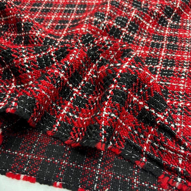 Red Black Plaid Tweed Fabric – Shiny Luxury Material for Jackets ...