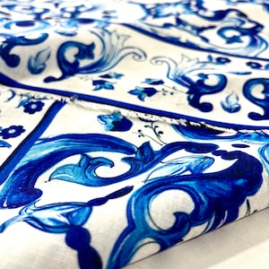 Italian Design Linen Fabric: Blue Tile Print, Summer Clothing, Drapery ...