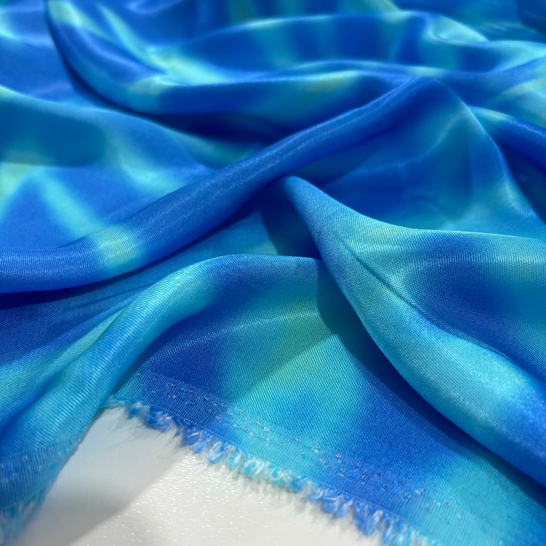 Bright Silky Satin Cupro Fabric With Batik Printed in Blue, Cupro ...
