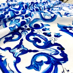 Italian Design Linen Fabric: Blue Tile Print, Summer Clothing, Drapery ...