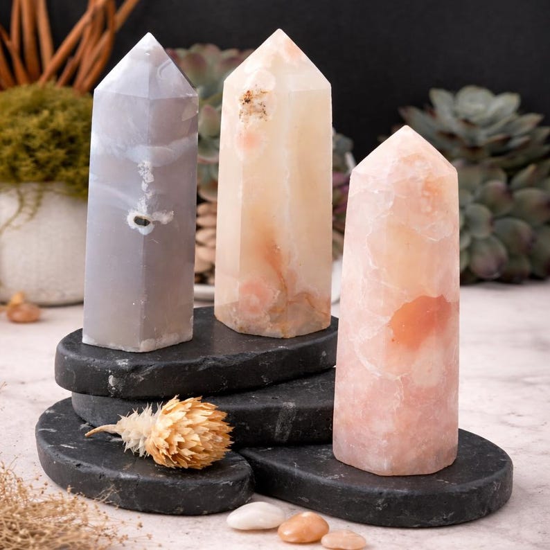 Natural Flower Agate Crystal Tower Spiritual Healing Crystal Protection ...