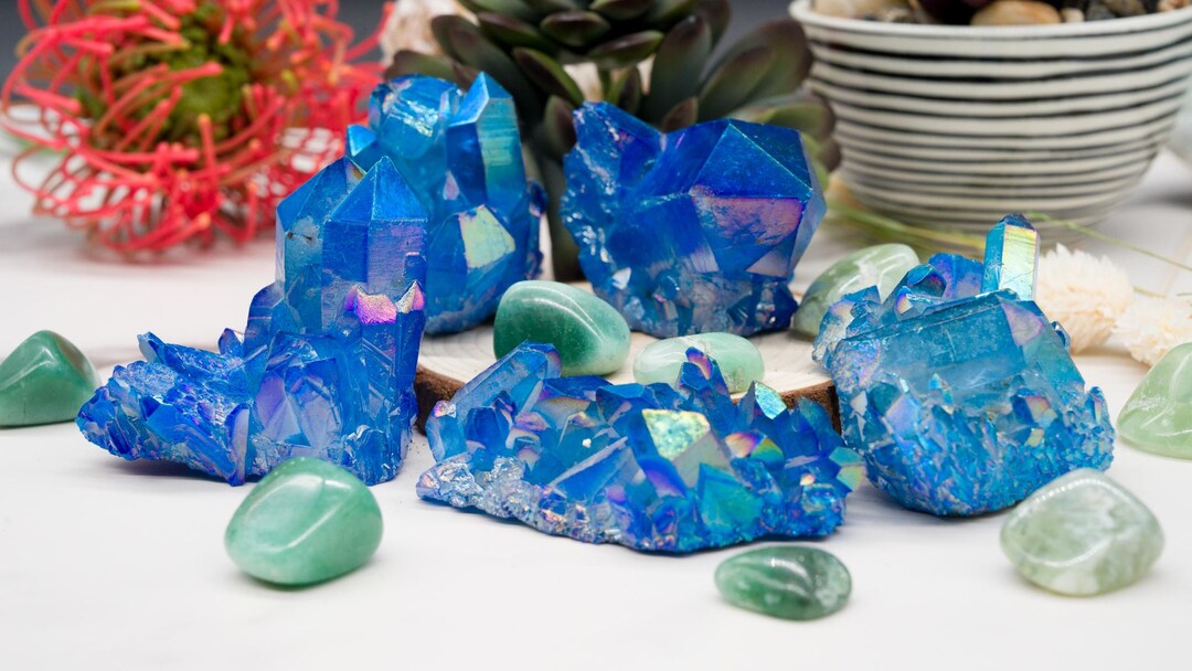 Neon Blue Aura Quartz Cluster Crystal Specimen Decor Meditation Stone ...