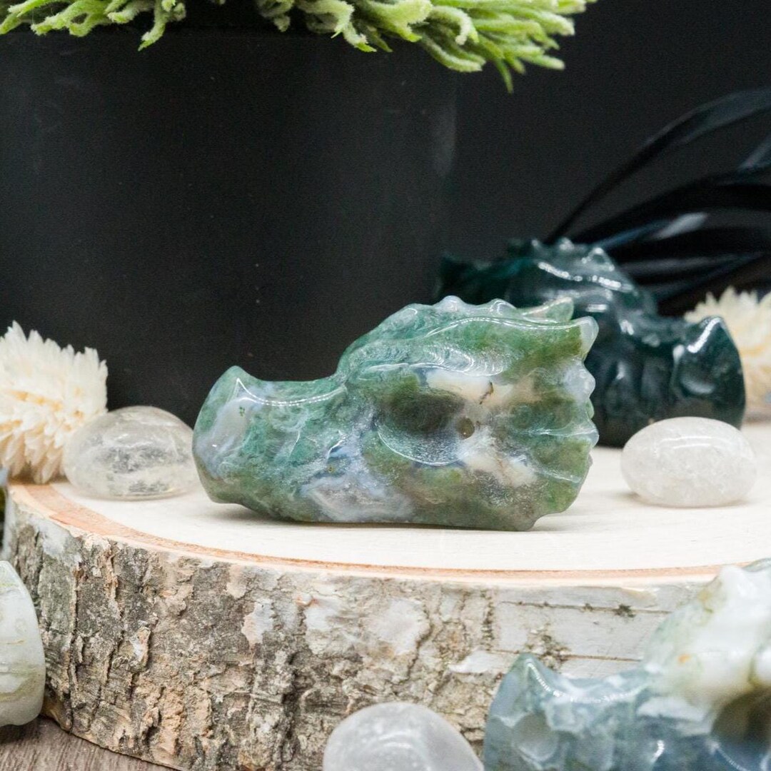 Moss Agate Dragon Head Crystal Carving Healing Meditation Stone Green ...
