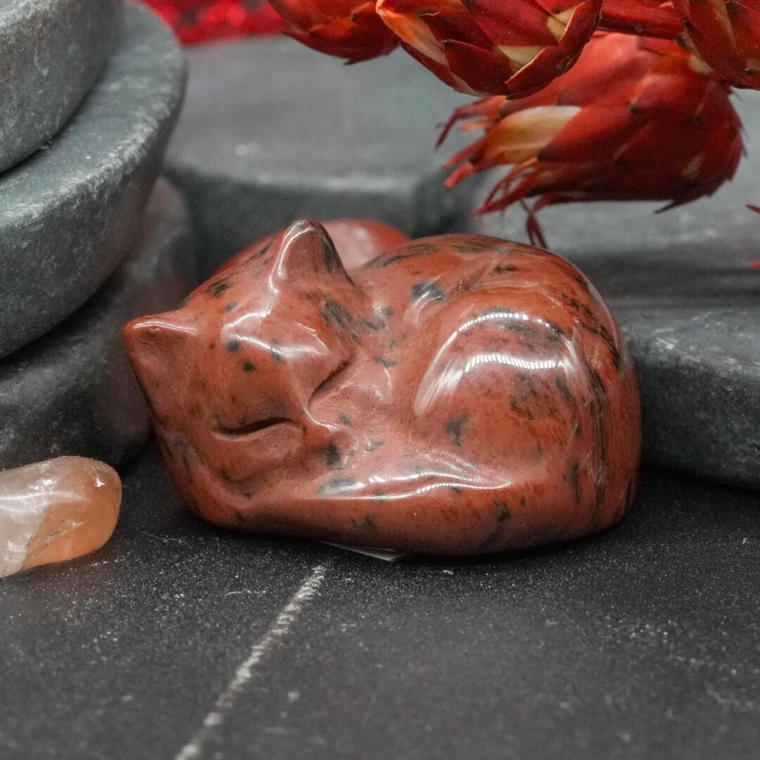 Mahogany Obsidian Crystal Sleeping Cat Carving Healing Protection Stone ...