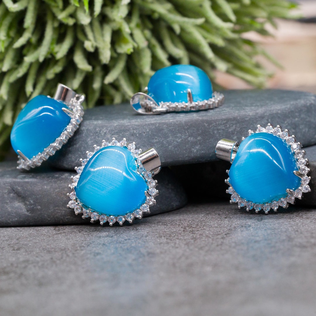 Natural Blue Cats Eye Crystal Heart Pendant Blue Gemstone Jewelry ...