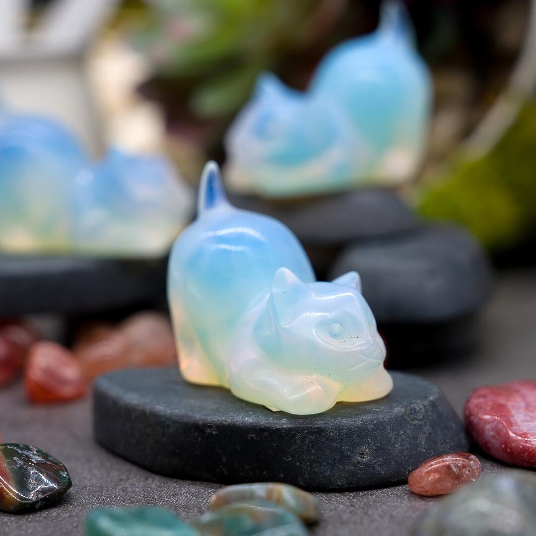 Opalite Crystal Cat Carving Stone Healing Protection Trinket Cat Lover ...