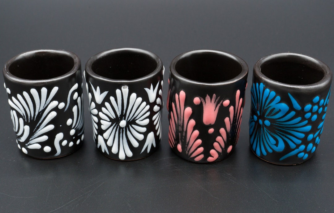 Black Ceramic Talavera Shot Glass With White Pink Blue Ceramic Barware ...