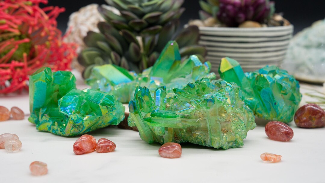 Neon Green Aura Quartz Point Cluster Crystal Specimen Decor Meditation ...