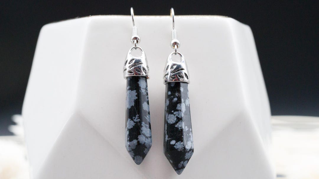 Snowflake Obsidian Natural Crystal Teardrop Dangle Drop Earrings Silver ...