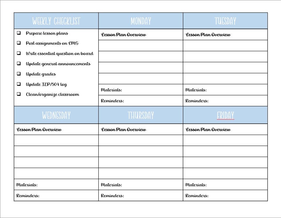 Baby Blue Weekly Teacher Agenda - Etsy