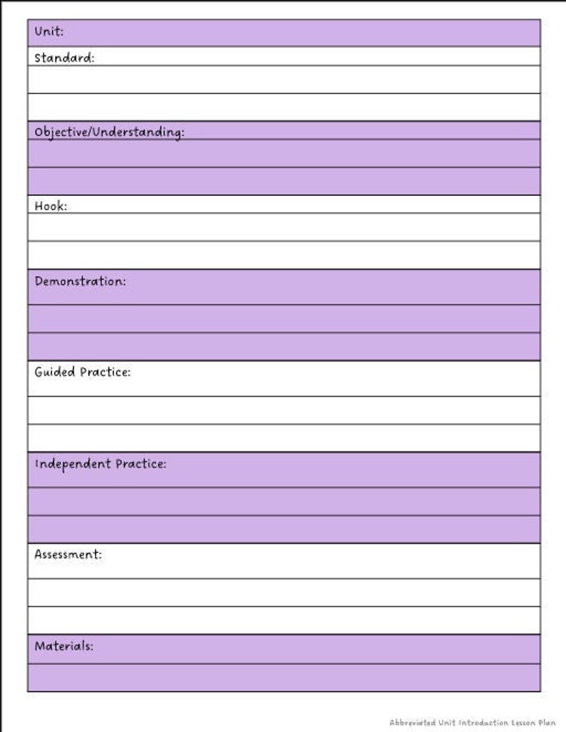 Abbreviated Unit Introduction Lesson Plan Template - Etsy