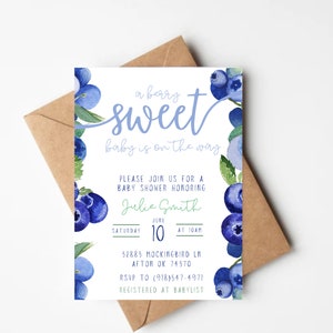 Blueberry Berry Sweet Baby Shower Digital Invitation Template Editable ...