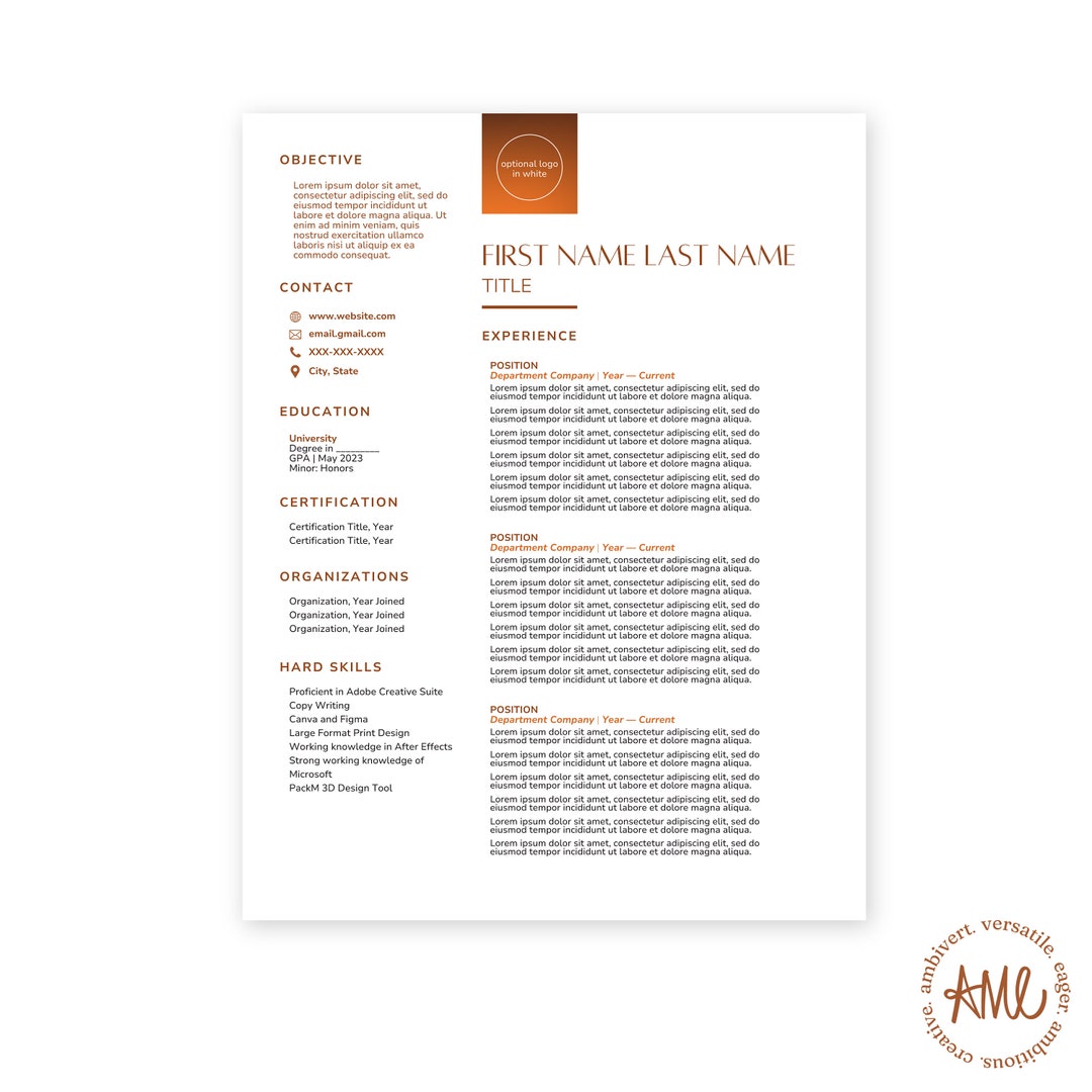 Minimal and Chic Resume Design Burnt Orange Canva Template Professional ...