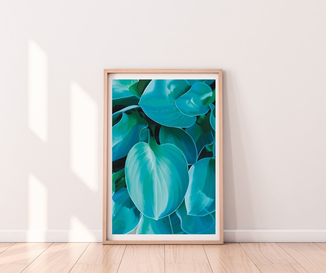 Blue Tropical Leaf Painting, Limited Edition Signed, Blue and Green ...
