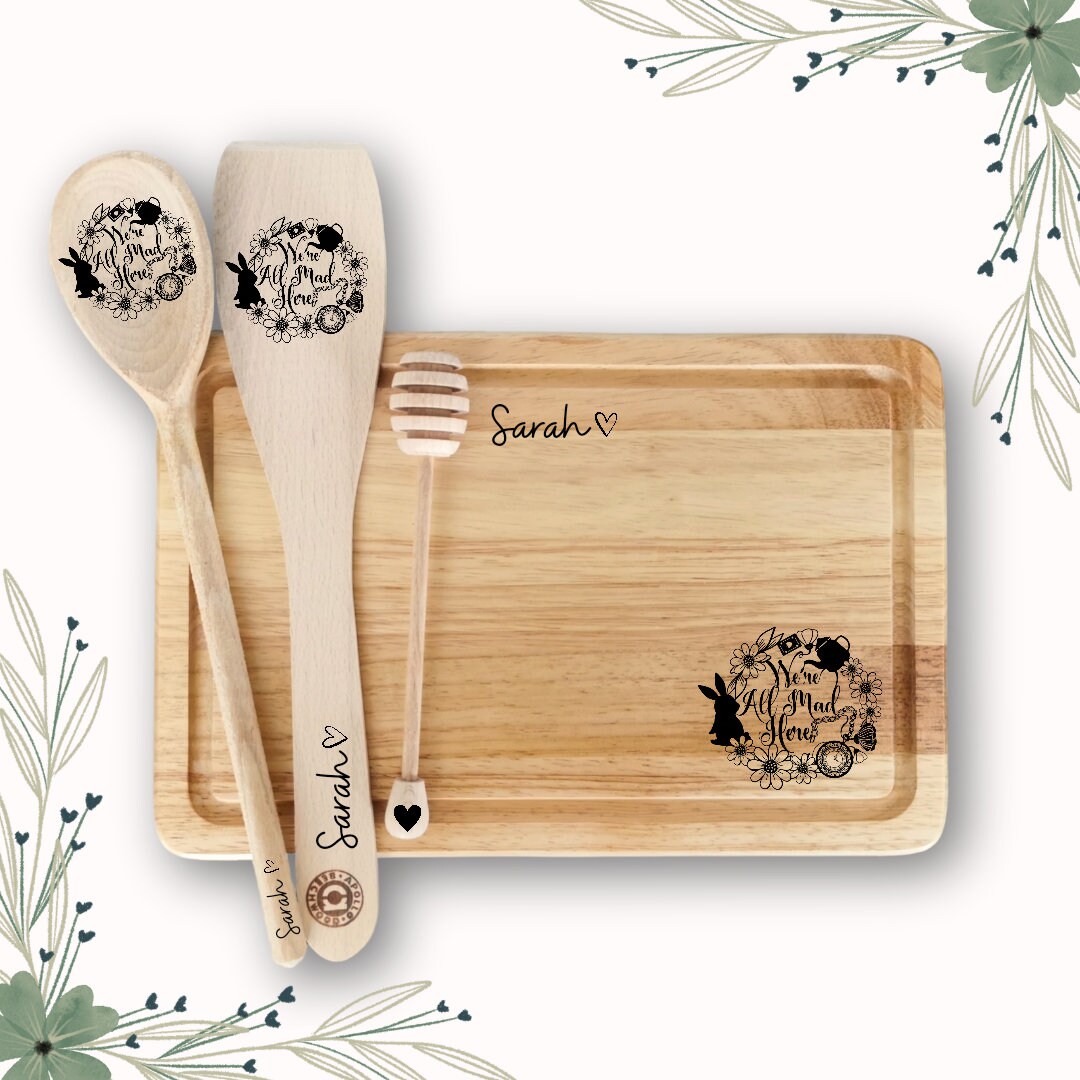 Alice in Wonderland Cooking Set Mad Hatter Quote Engraved Wooden Spoon ...