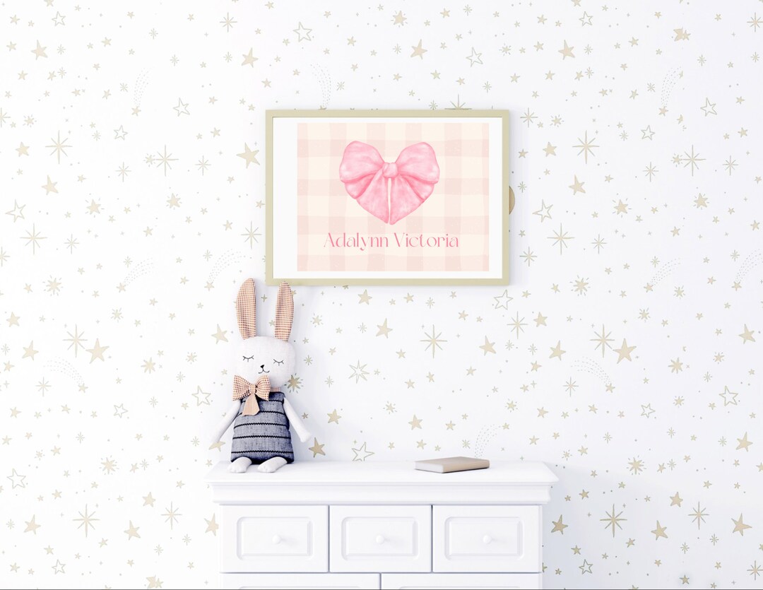 Name Art Print for Nursery | Name Art for Girls | Pink Bow Gingham ...