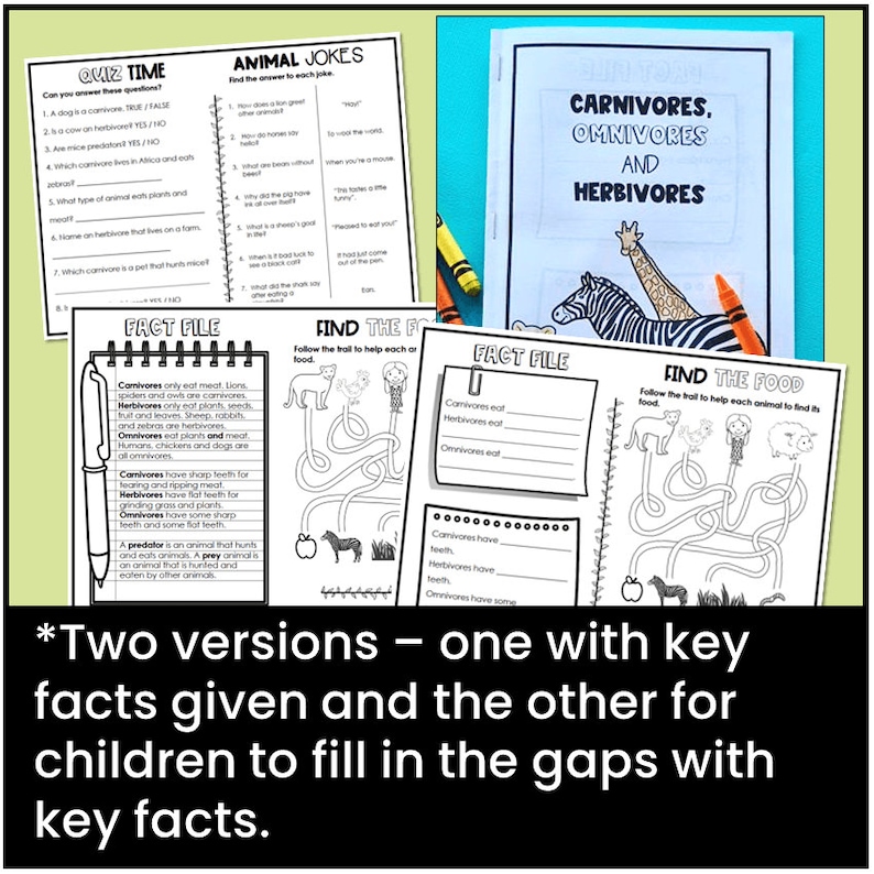 Carnivores, Omnivores, Herbivores Fun Activity Booklet, Printable ...