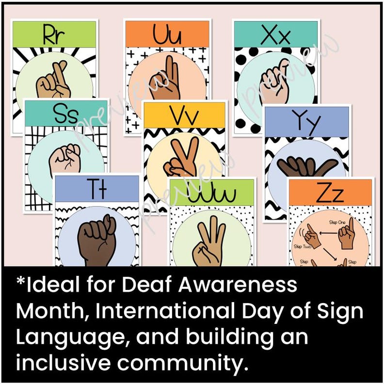 ASL American Sign Language Alphabet Brights Printable Posters Deaf ...