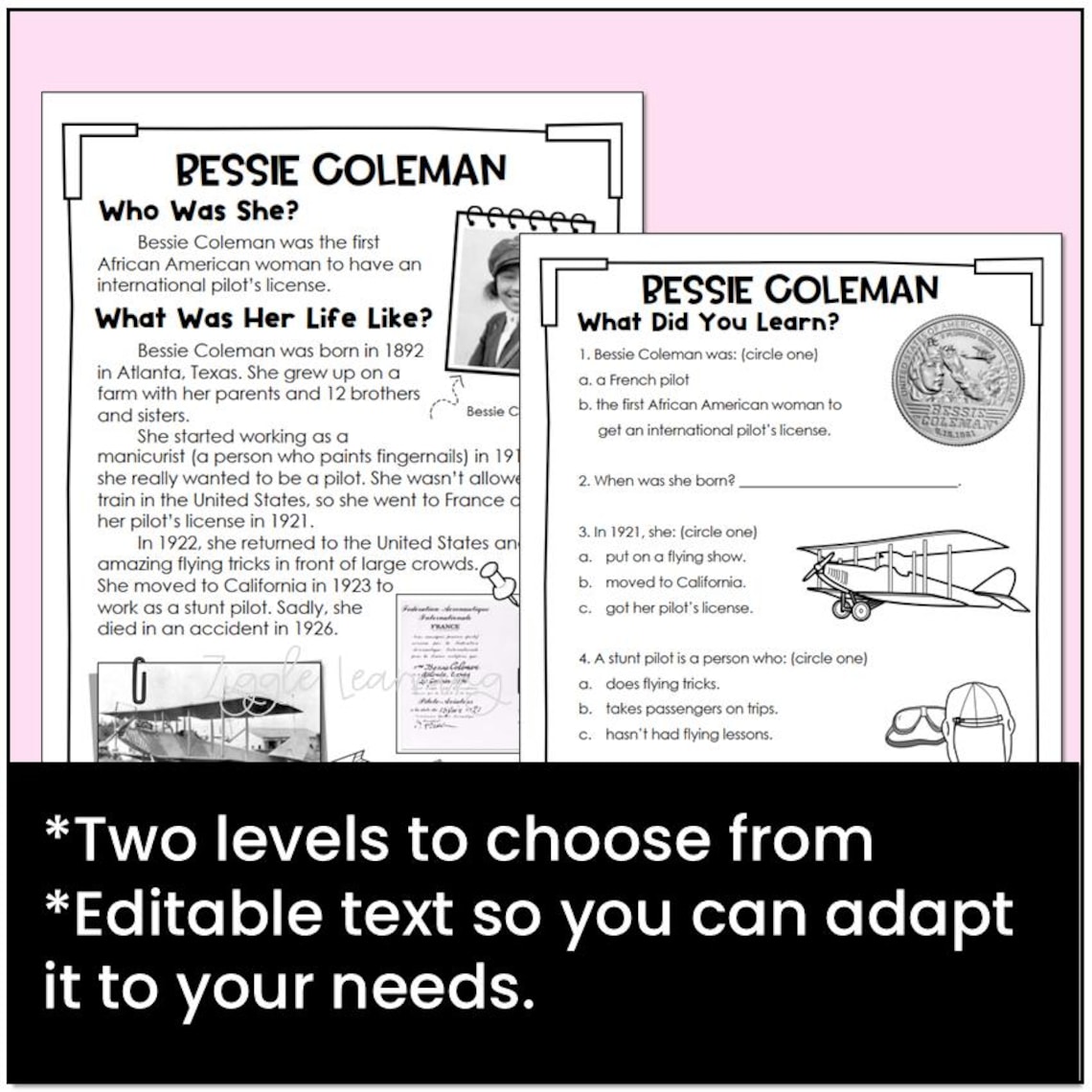 Bessie Coleman Writing Craft Activity and Reading Text Women's History ...