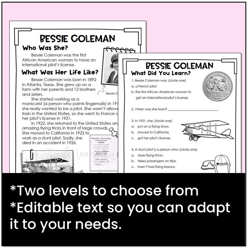 Bessie Coleman Writing Craft Activity and Reading Text Women's History ...