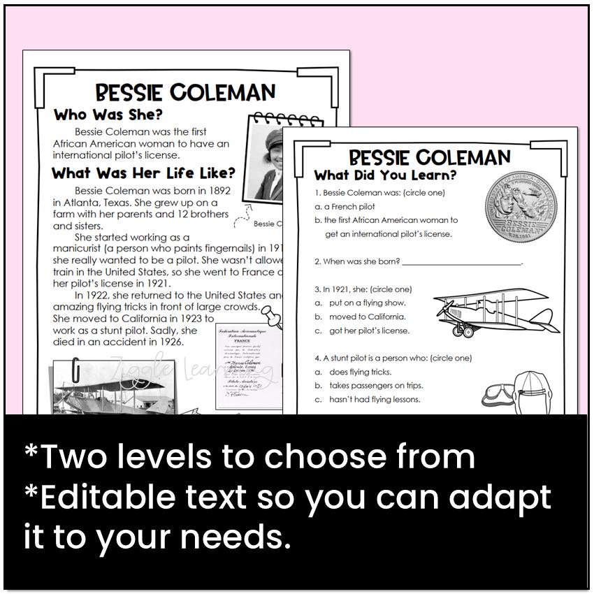 Bessie Coleman Writing Craft Activity and Reading Text Women's History ...