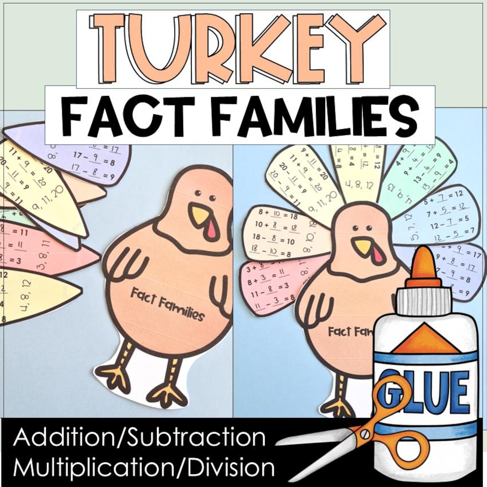 Printable Turkey Fact Families Craft, Thanksgiving Fall Math Activity ...