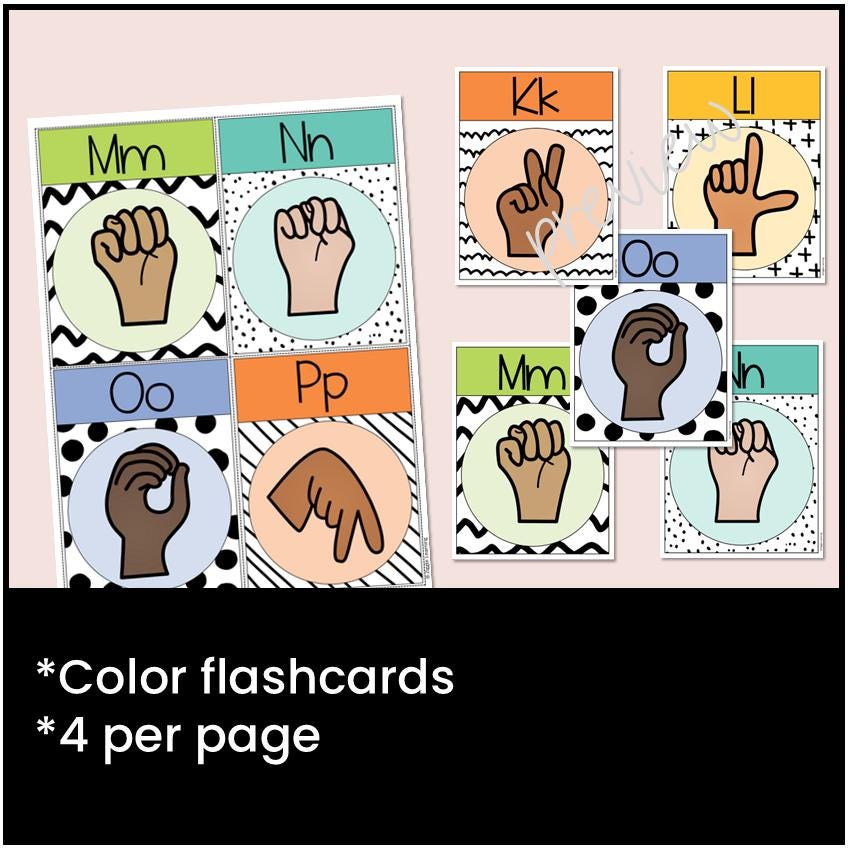 ASL American Sign Language Alphabet Brights Printable Flashcards Deaf ...