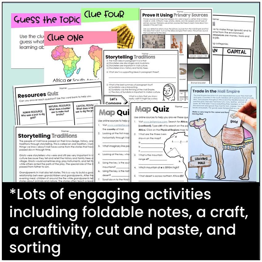 Mali Empire History Activity Pack, Worksheets, Craft, Elementary ...
