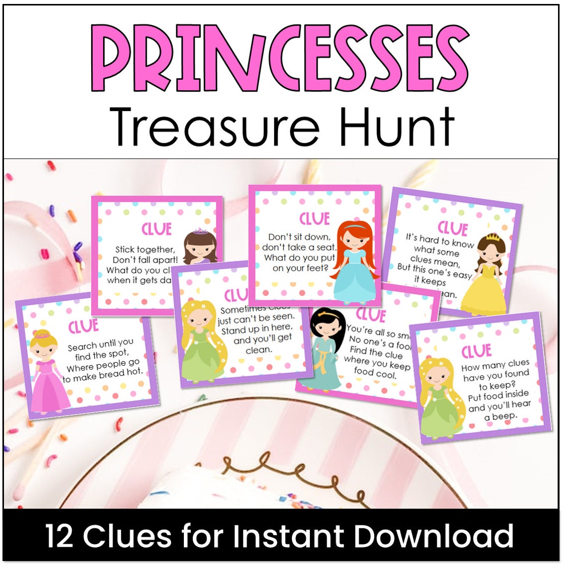Princess Treasure Hunt Clues, Princess Party Game, Printable Princesses ...