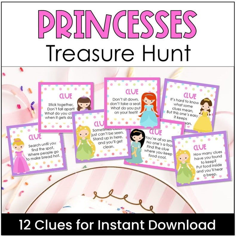 Princess Treasure Hunt Clues, Princess Party Game, Printable Princesses ...