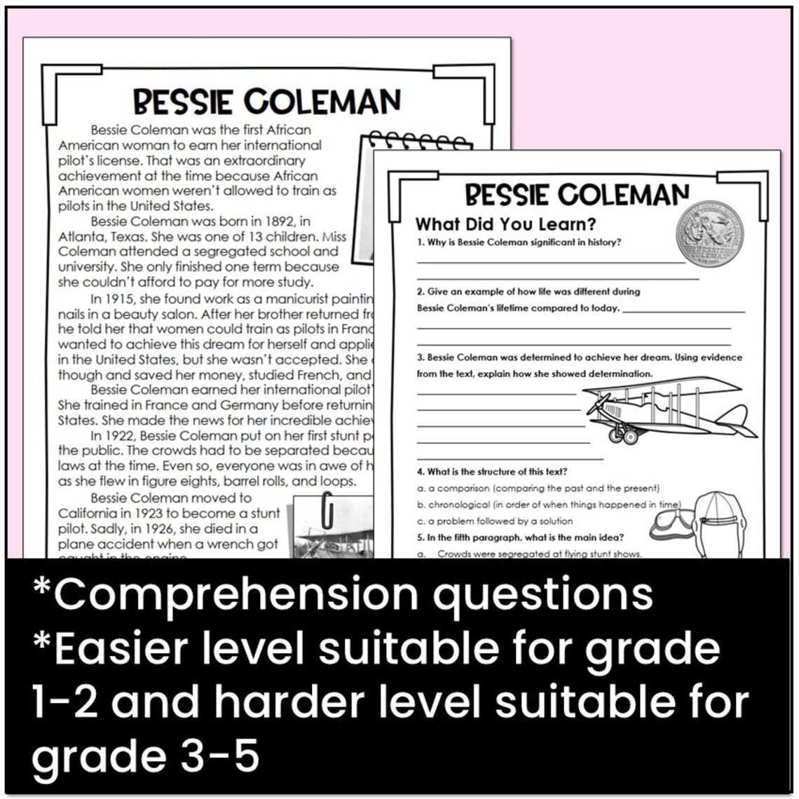 Bessie Coleman Writing Craft Activity and Reading Text Women's History ...