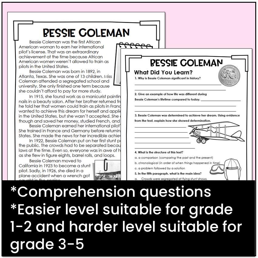 Bessie Coleman Writing Craft Activity and Reading Text Women's History ...