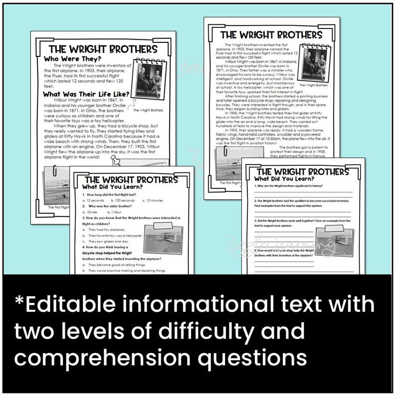 Wright Brothers Activity Pack Reading Crafts Science Math Cross ...