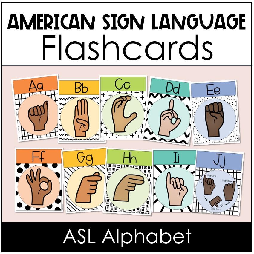 ASL American Sign Language Alphabet Brights Printable Flashcards Deaf ...