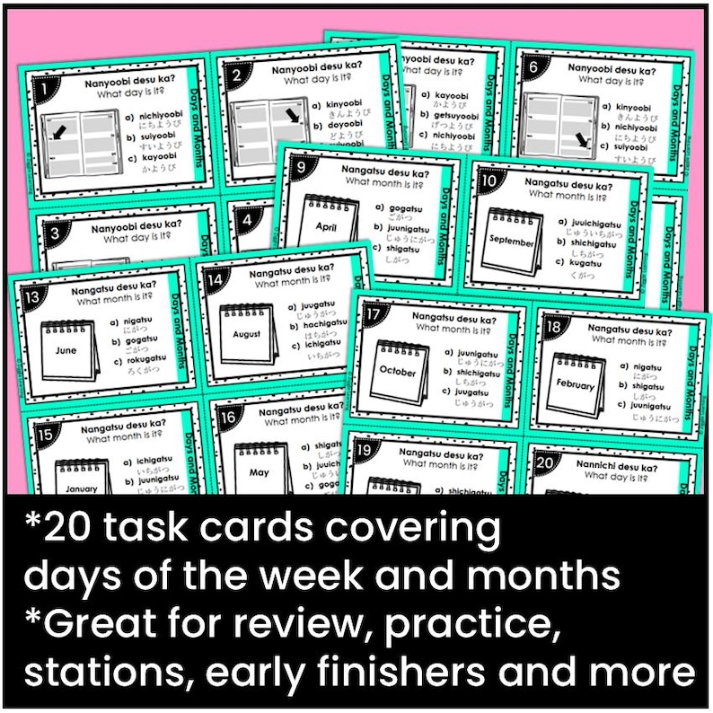Printable Japanese Days and Months Vocabulary Task Cards, Japanese ...