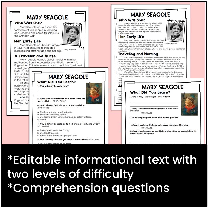 Mary Seacole Activity Pack Reading Passage Craft Foldable Timeline ...