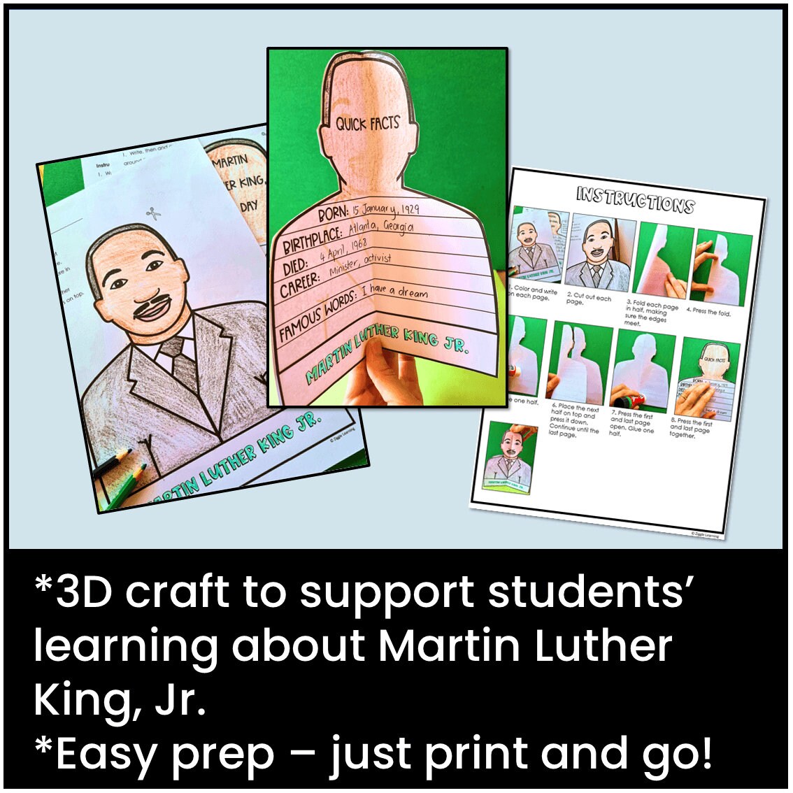 Printable Martin Luther King, Jr. 3D Craft Writing Activity, Classroom ...