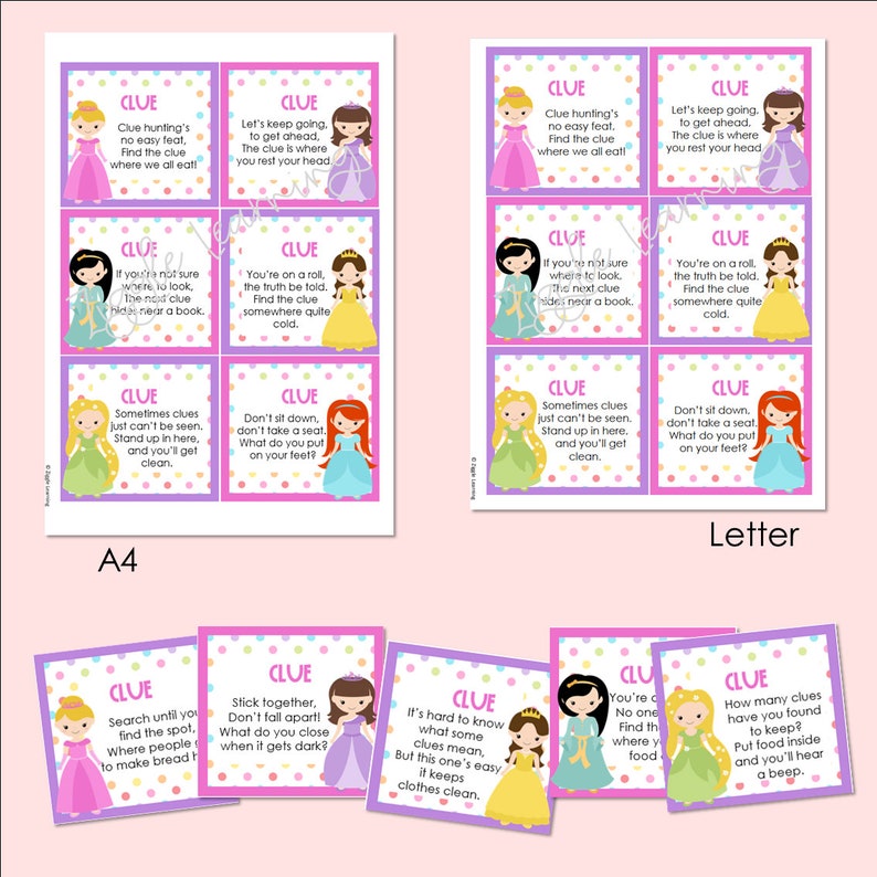 Princess Treasure Hunt Clues, Princess Party Game, Printable Princesses ...